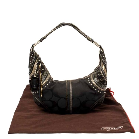 Coach | Bags | Coach Black Embroidered Embellished Signature Logo Hobo ...